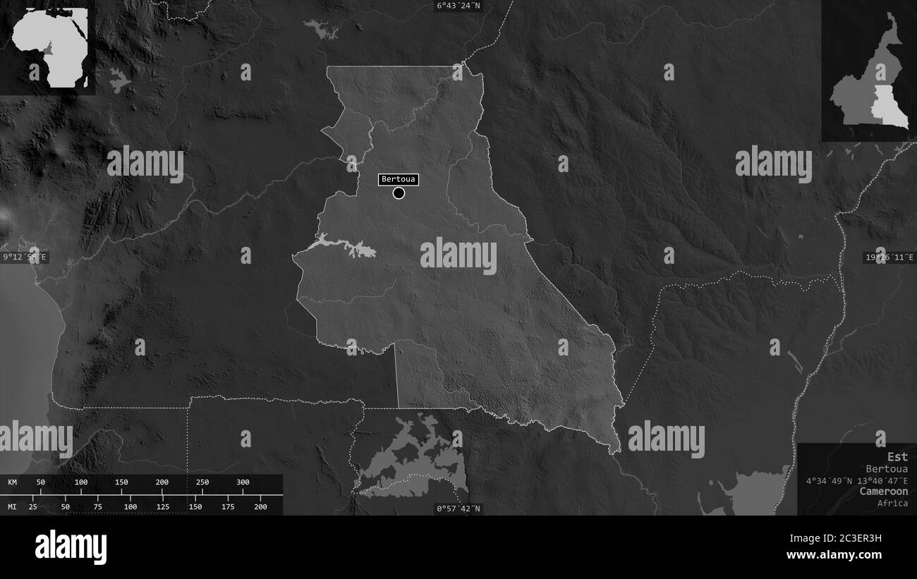 Est, region of Cameroon. Grayscaled map with lakes and rivers. Shape ...