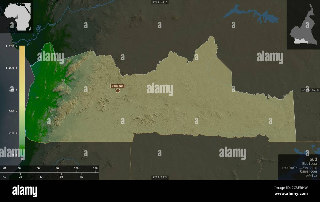 Sud, region of Cameroon. Colored shader data with lakes and rivers ...