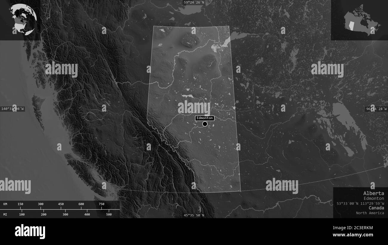 Alberta, province of Canada. Grayscaled map with lakes and rivers ...