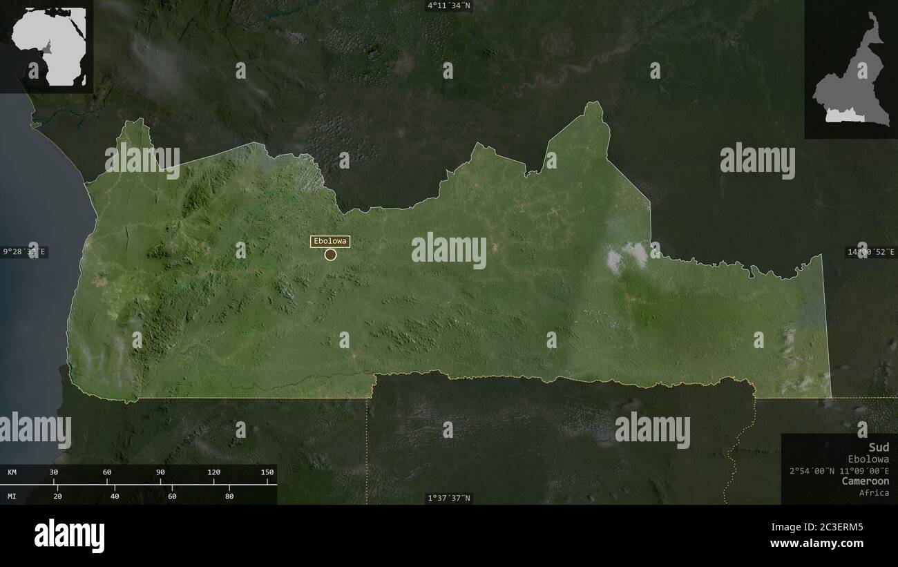 Sud, region of Cameroon. Satellite imagery. Shape presented against its ...