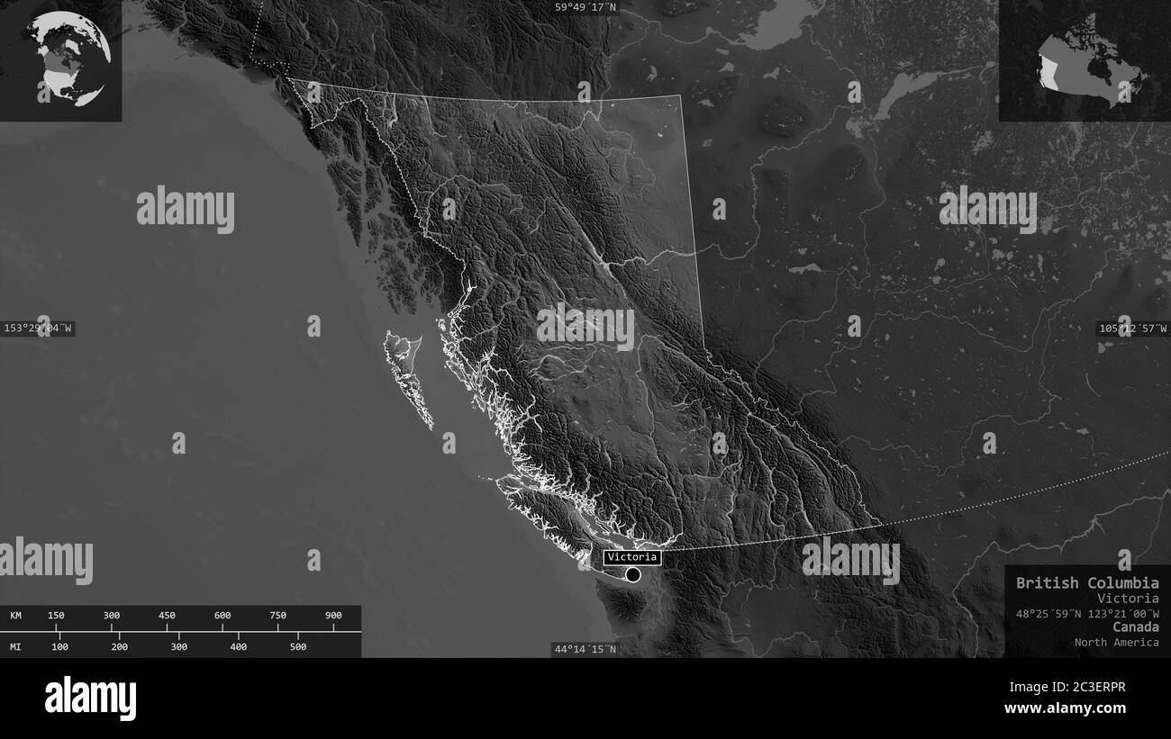 British Columbia, province of Canada. Grayscaled map with lakes and ...