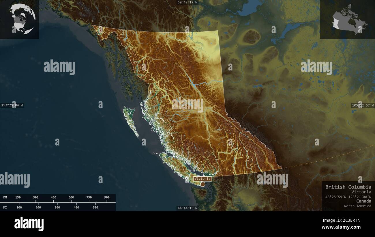 British Columbia, province of Canada. Colored relief with lakes and ...