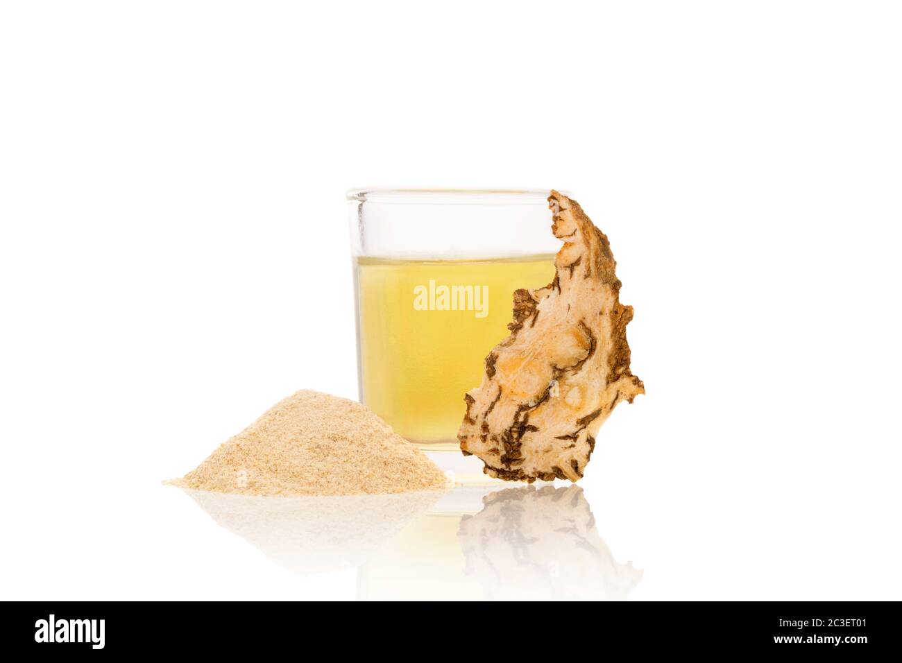 Angelica root slices, powder and tincture isolated on white background ...