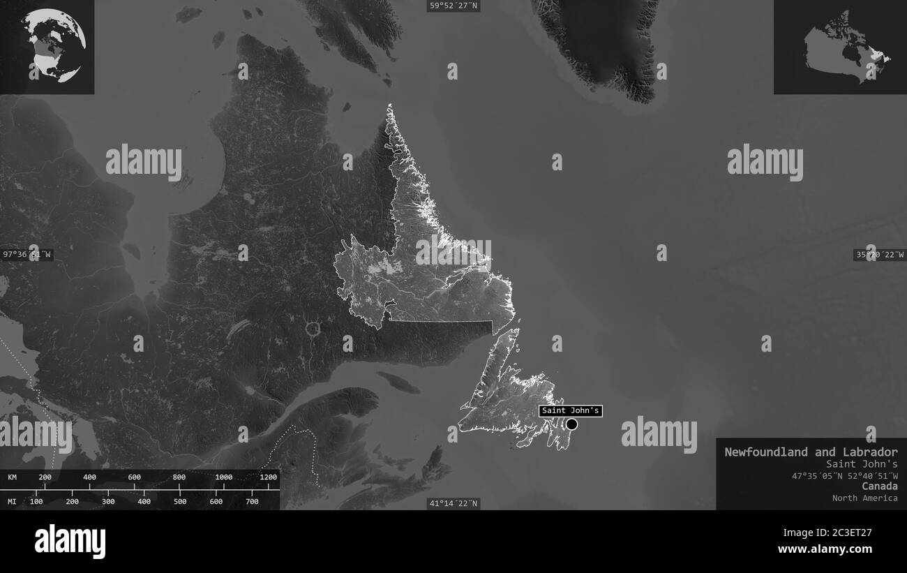 Newfoundland and Labrador, province of Canada. Grayscaled map with lakes and rivers. Shape ...