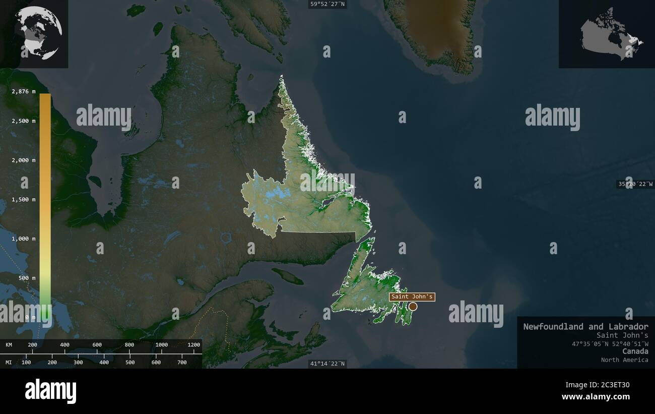 Newfoundland and Labrador, province of Canada. Colored shader data with ...