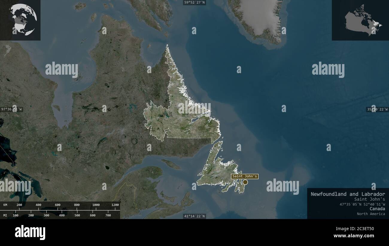 Newfoundland and Labrador, province of Canada. Satellite imagery. Shape ...