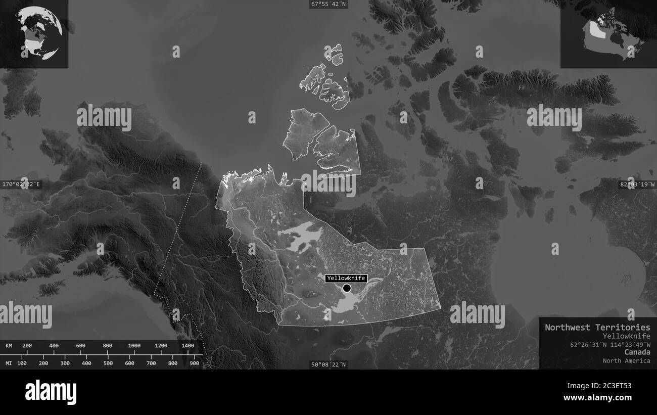 Northwest Territories, territory of Canada. Grayscaled map with lakes ...
