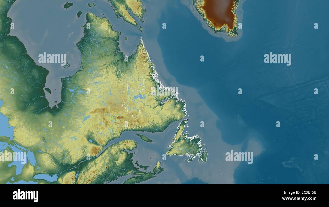 Newfoundland and Labrador, province of Canada. Colored relief with ...