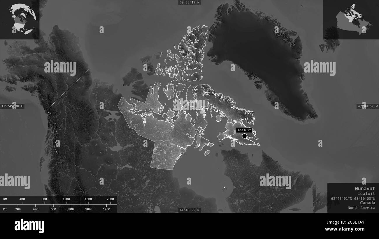 Nunavut, territory of Canada. Grayscaled map with lakes and rivers ...