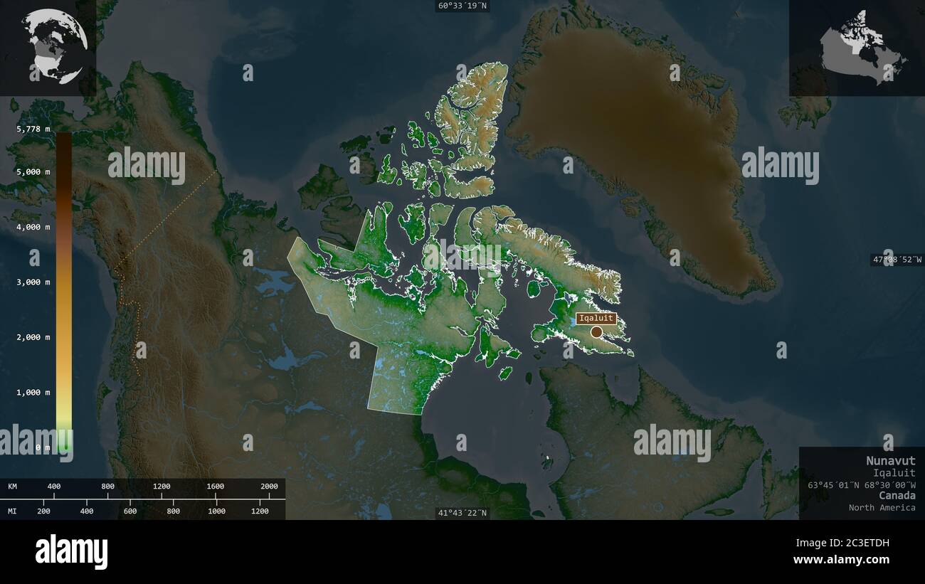 Nunavut, territory of Canada. Colored shader data with lakes and rivers ...