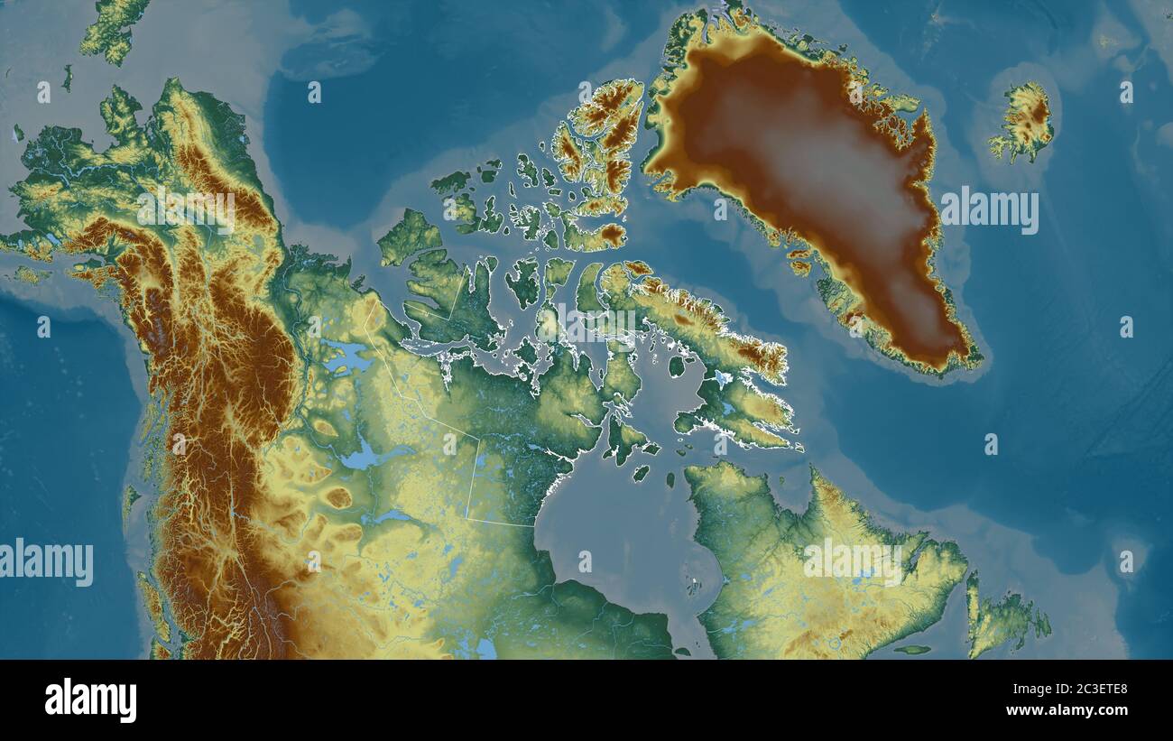Nunavut, territory of Canada. Colored relief with lakes and rivers ...