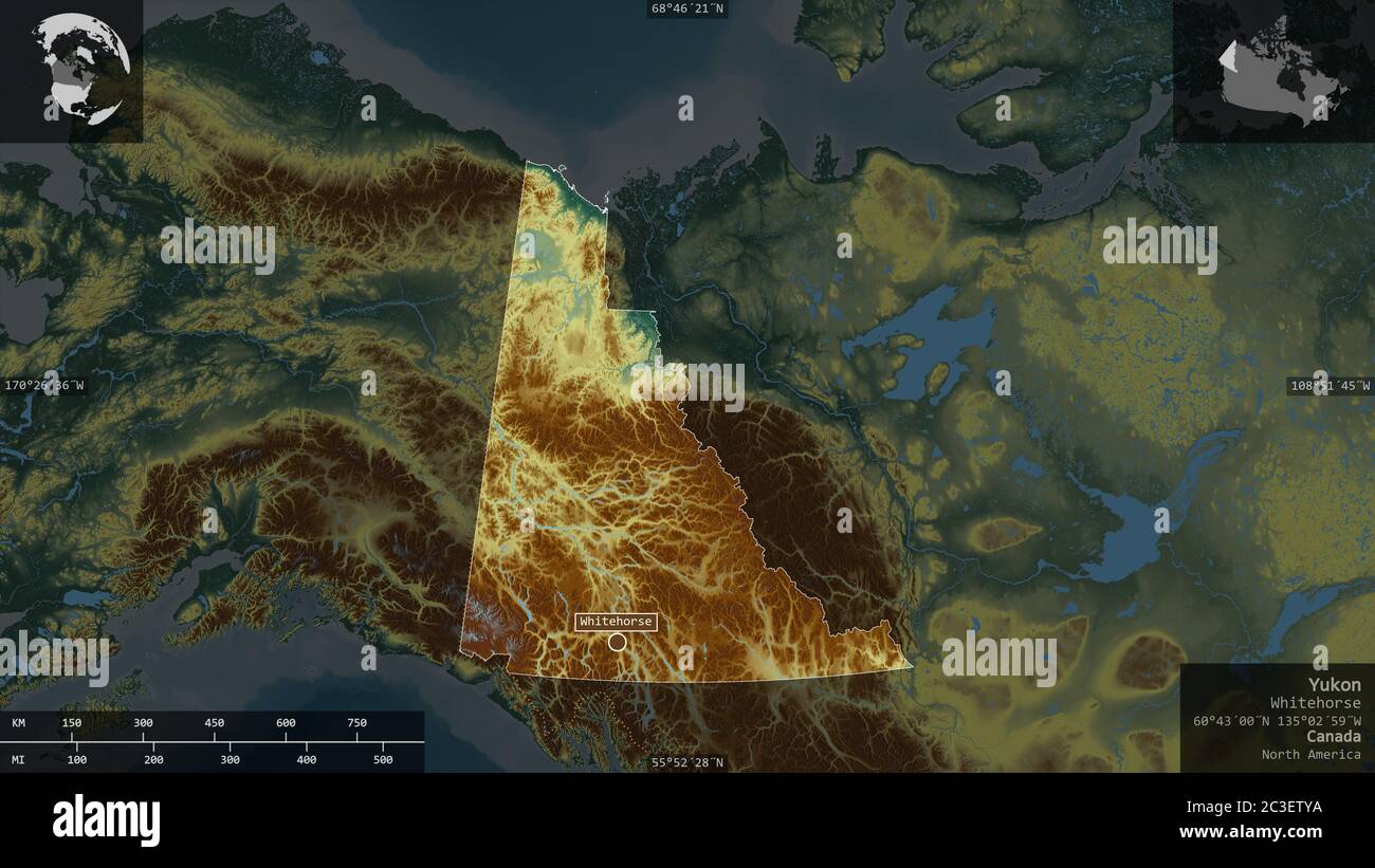 Yukon, territory of Canada. Colored relief with lakes and rivers. Shape ...