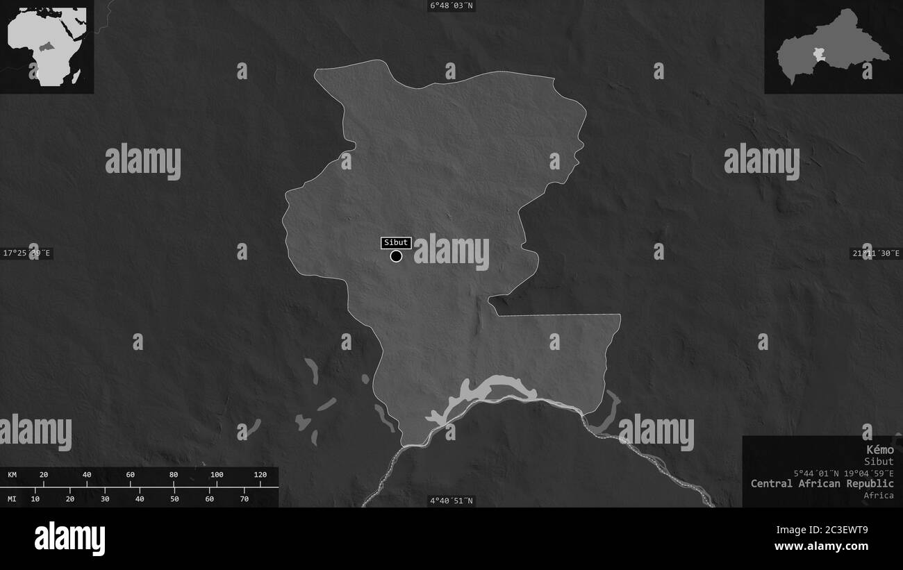 Kémo, prefecture of Central African Republic. Grayscaled map with lakes ...
