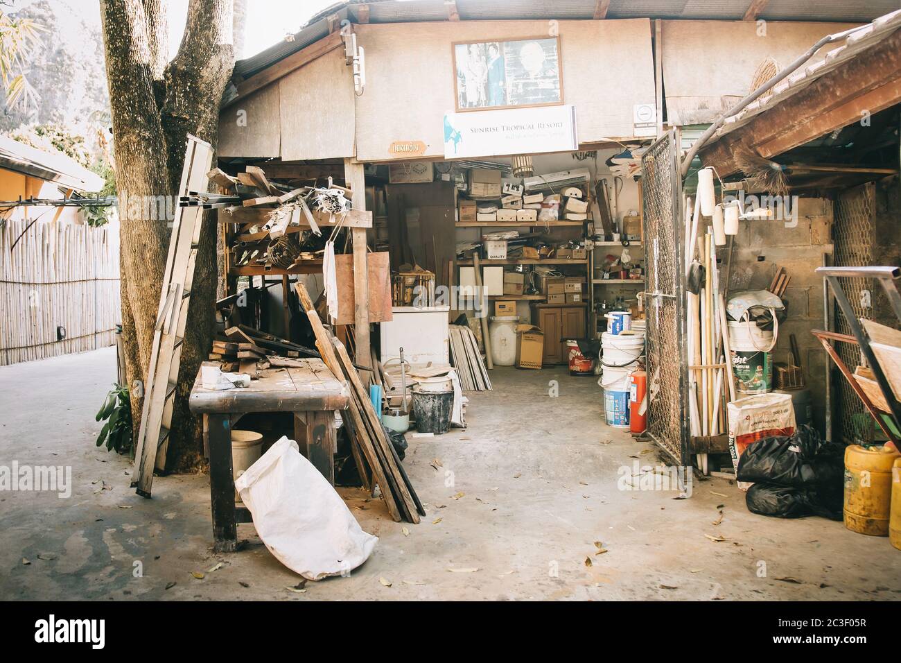 Railay, Thailand - February 20, 2019: Wood processing workshop in the ...