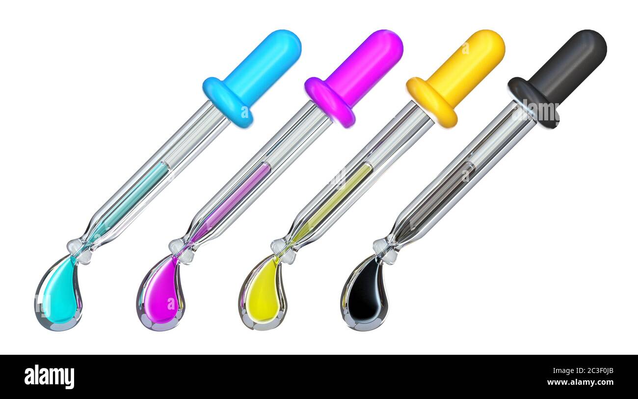 CMYK droppers with ink color drops 3D Stock Photo - Alamy