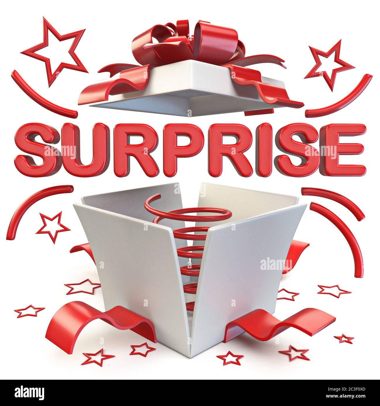 Opened gift box with SURPRISE word 3D Stock Photo - Alamy