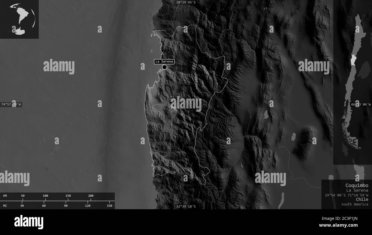Coquimbo, region of Chile. Grayscaled map with lakes and rivers. Shape ...