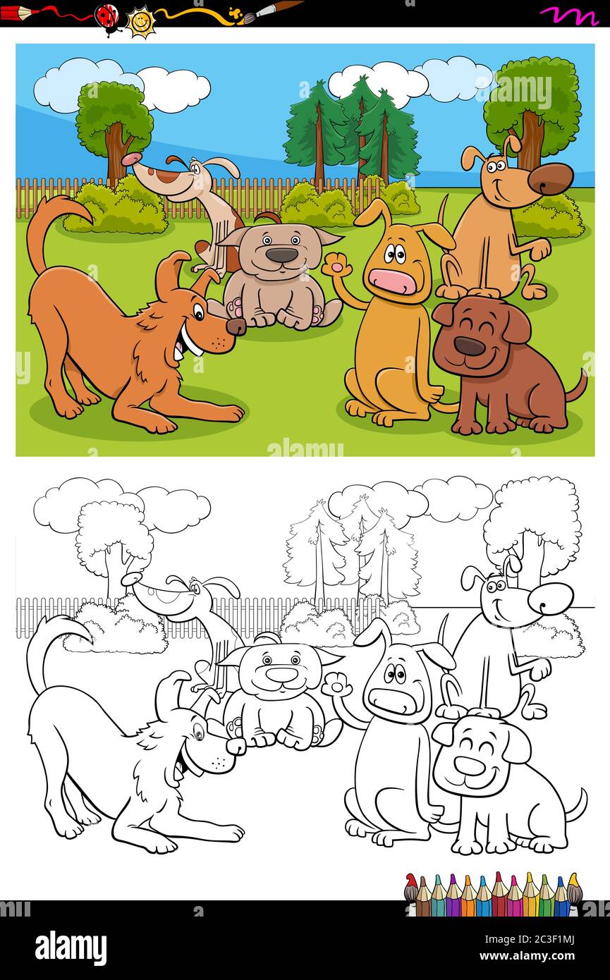 dogs cartoon characters group coloring book page Stock Photo - Alamy