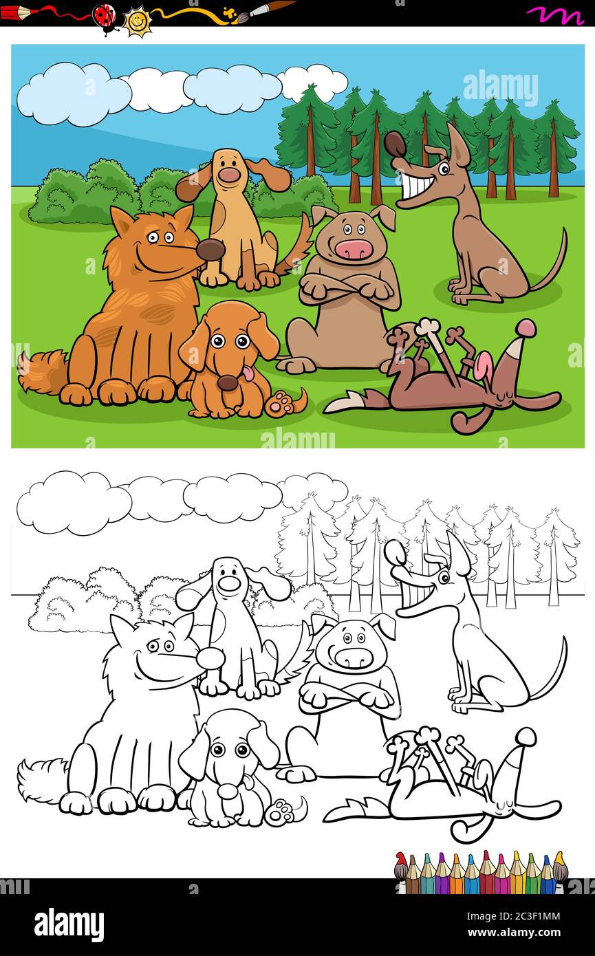 cartoon dogs and puppies group coloring book page Stock Photo - Alamy