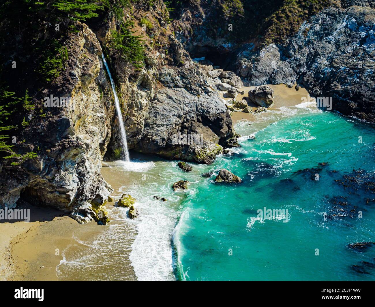 Aerial view of Water Fall McWay Falls Julia Pfeiffer Burns Park Big Sur California. McWay Falls ...