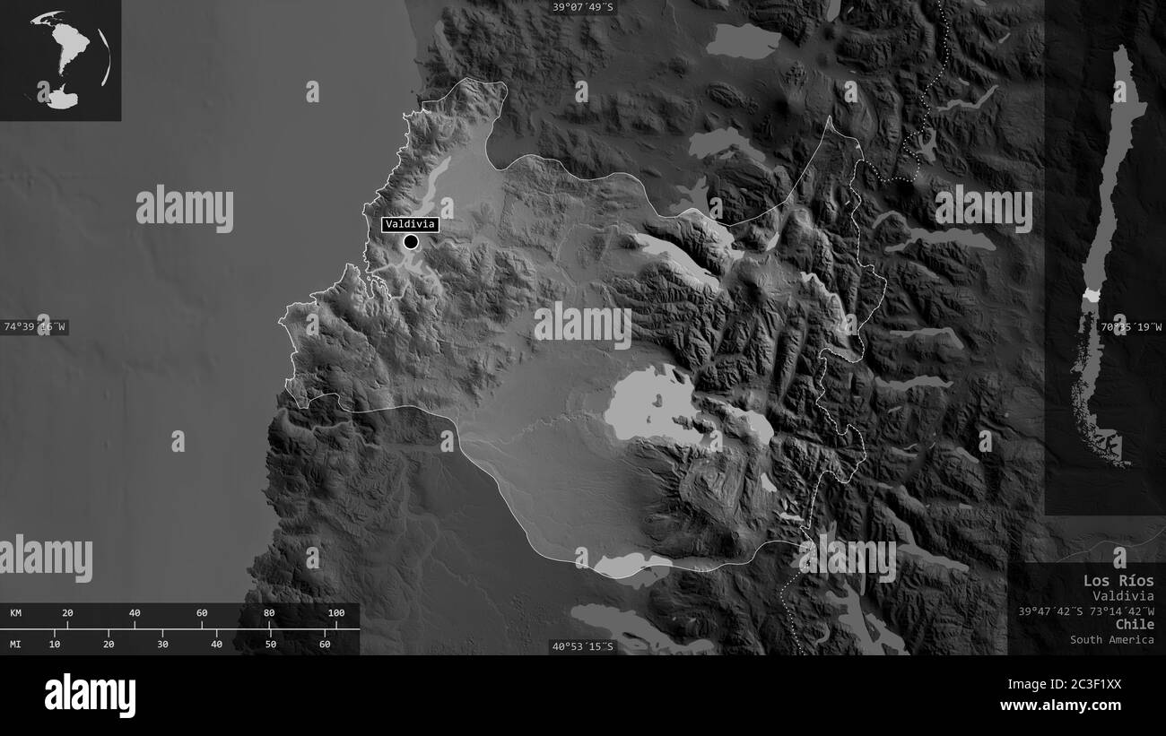 Los Ríos, region of Chile. Grayscaled map with lakes and rivers. Shape ...