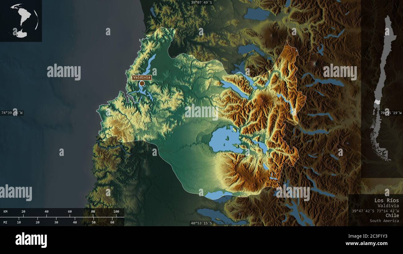 Los Ríos, region of Chile. Colored relief with lakes and rivers. Shape ...