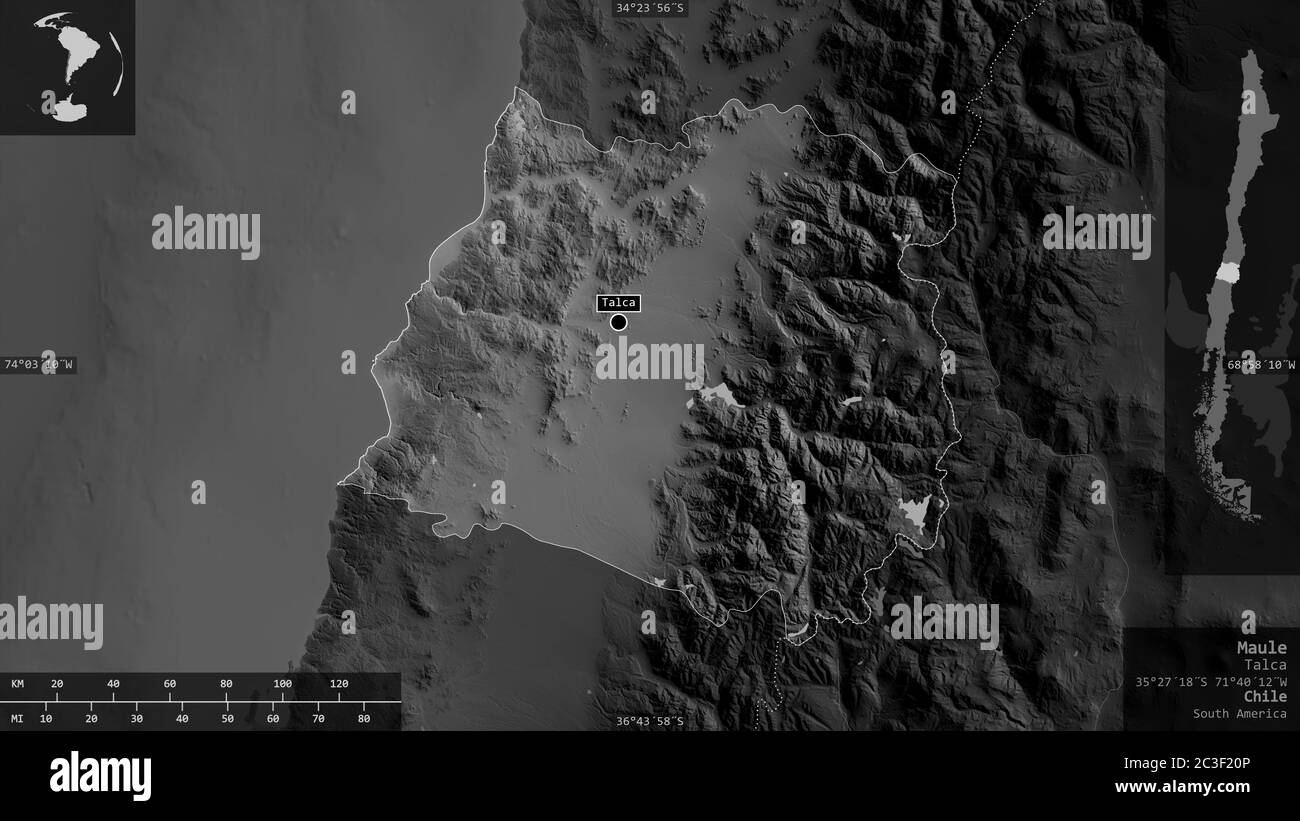 Maule, region of Chile. Grayscaled map with lakes and rivers. Shape ...