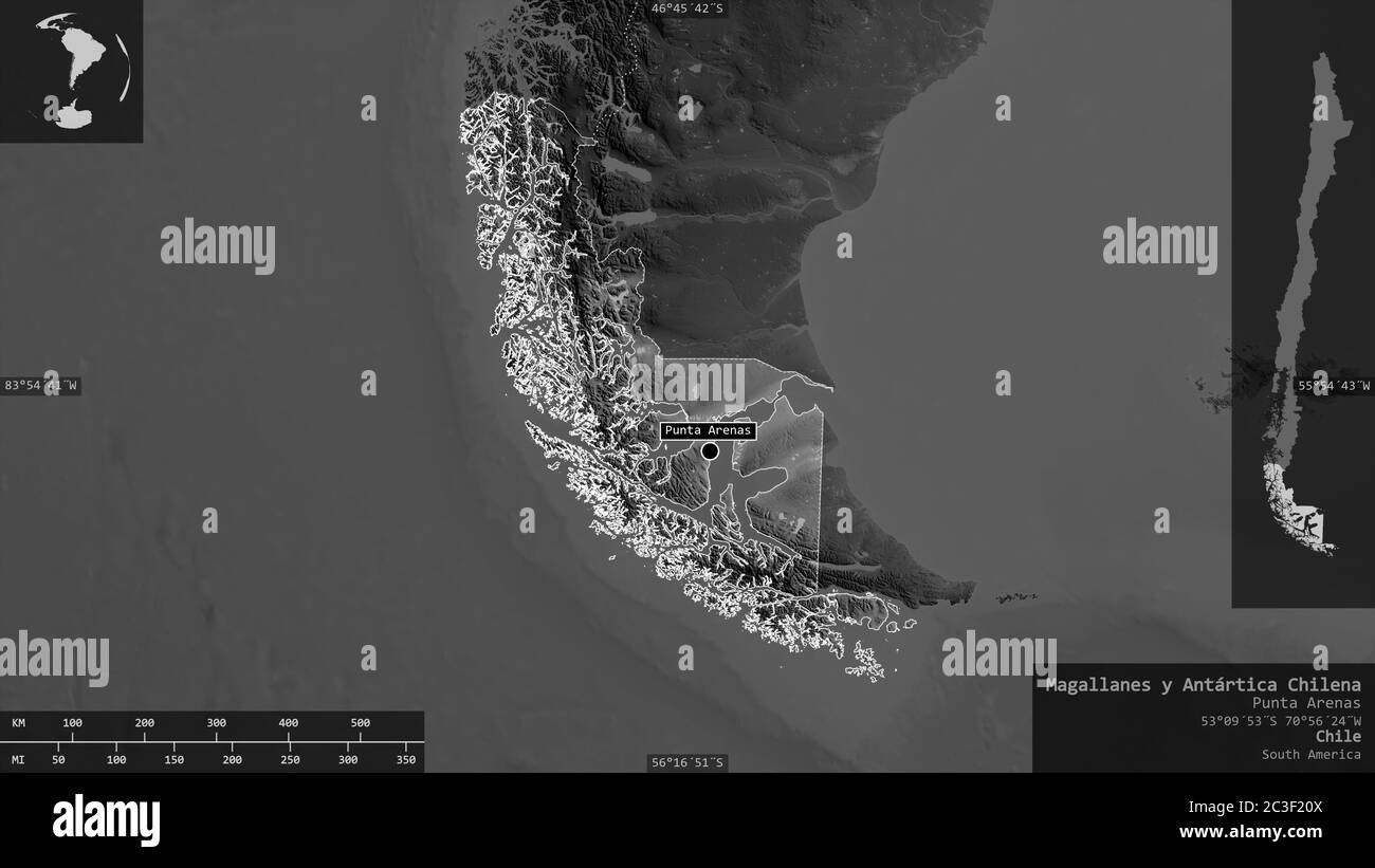 Magallanes y Antártica Chilena, region of Chile. Grayscaled map with ...