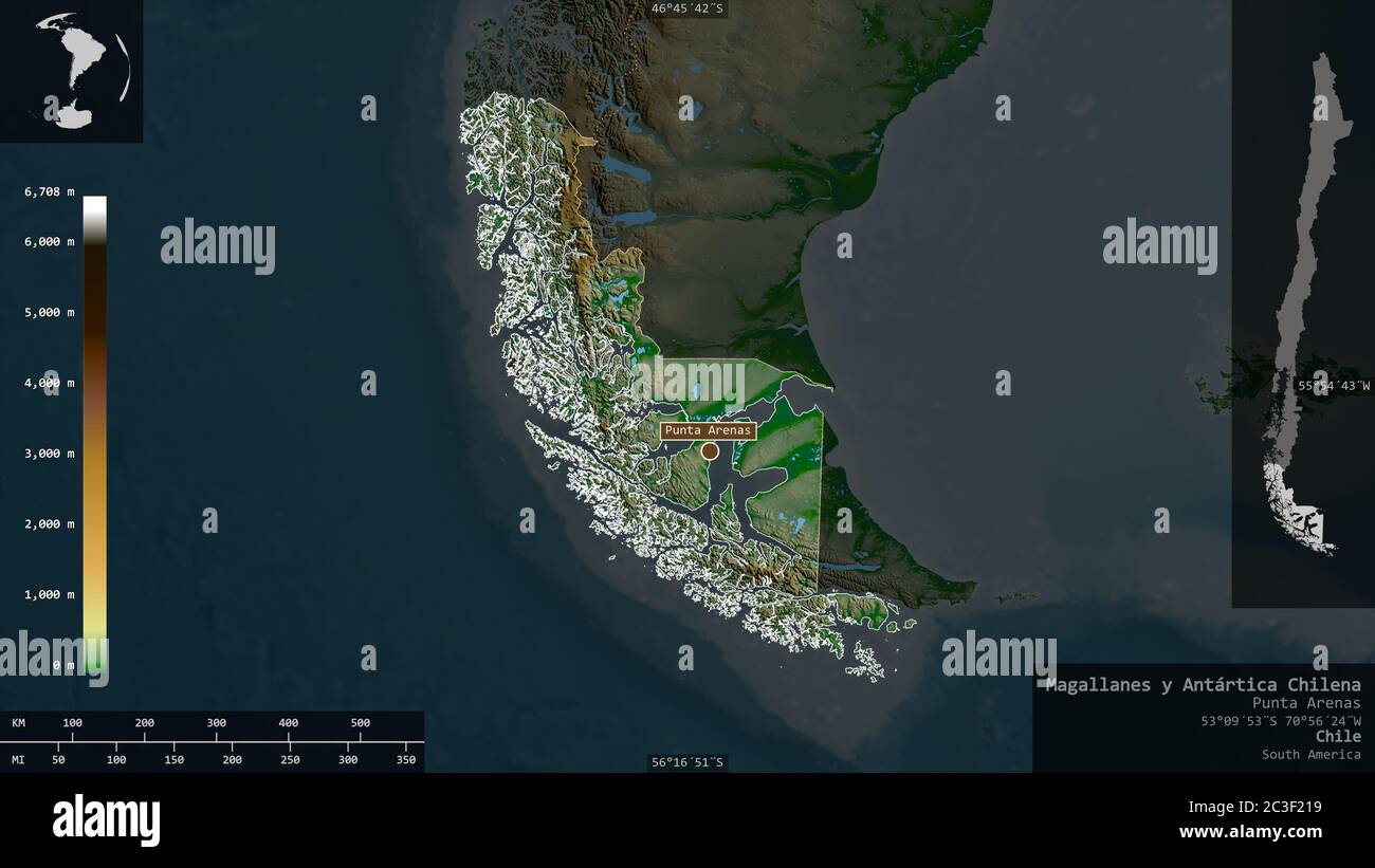 Magallanes y Antártica Chilena, region of Chile. Colored shader data ...
