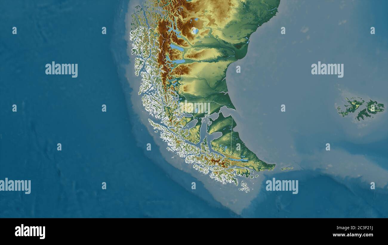 Magallanes y Antártica Chilena, region of Chile. Colored relief with ...