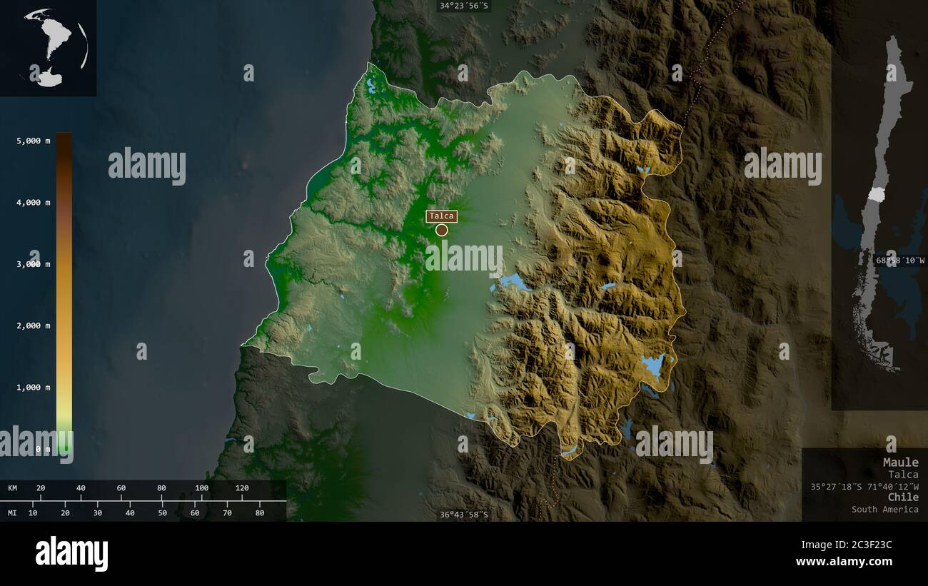 Maule, region of Chile. Colored shader data with lakes and rivers ...