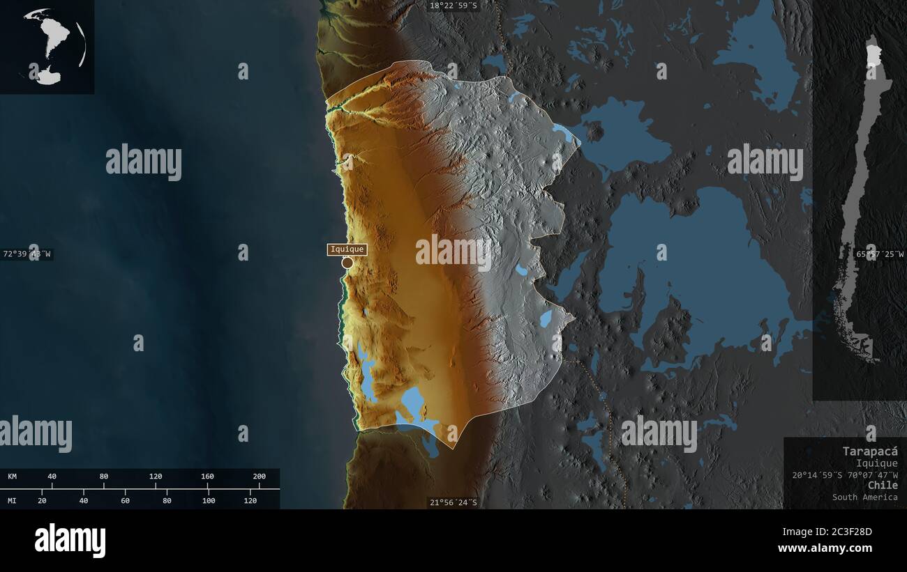 Tarapacá, region of Chile. Colored relief with lakes and rivers. Shape ...