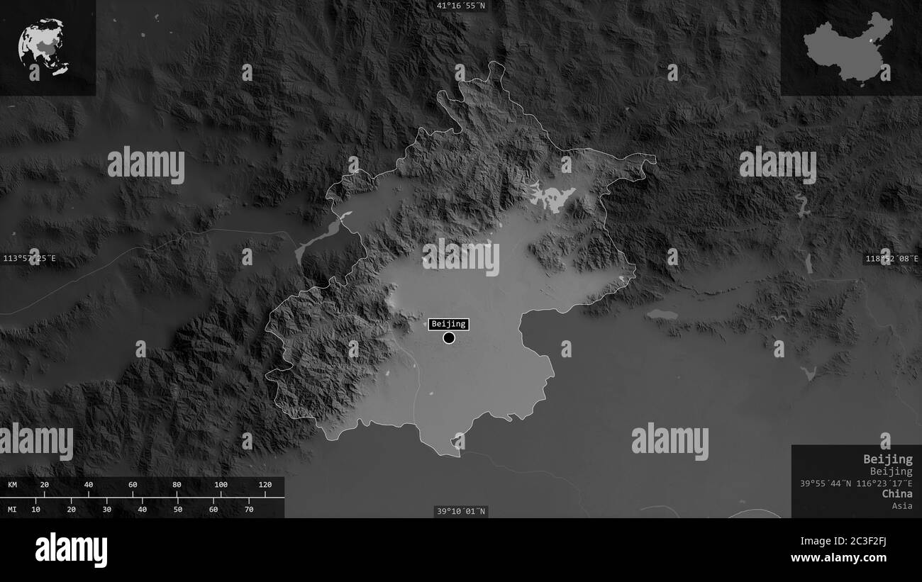 Beijing, municipality of China. Grayscaled map with lakes and rivers ...