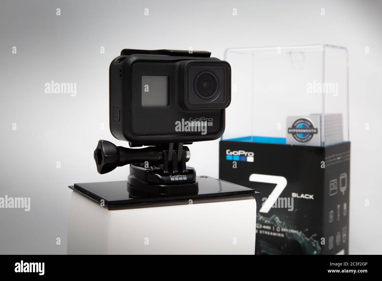 Moscow. November 2018. GoPro HERO 7 Black near original packaging front ...