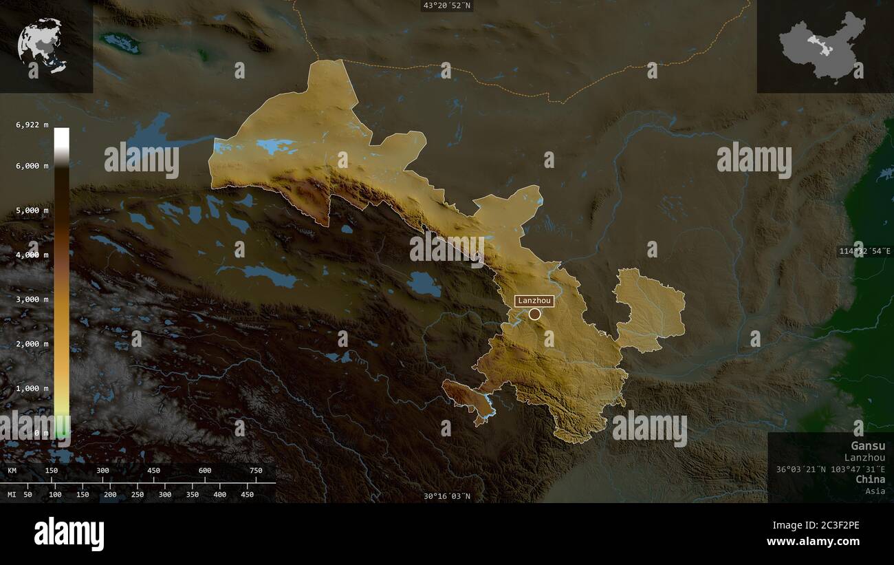 Gansu, province of China. Colored shader data with lakes and rivers ...
