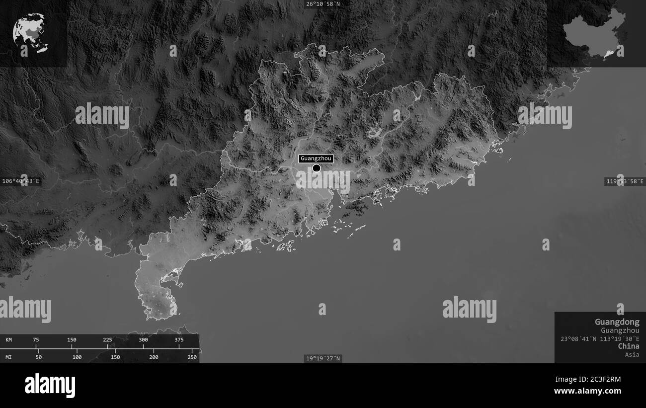 Guangdong, province of China. Grayscaled map with lakes and rivers ...