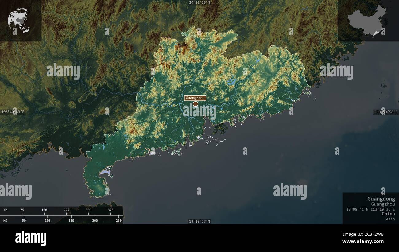 Guangdong, province of China. Colored relief with lakes and rivers ...
