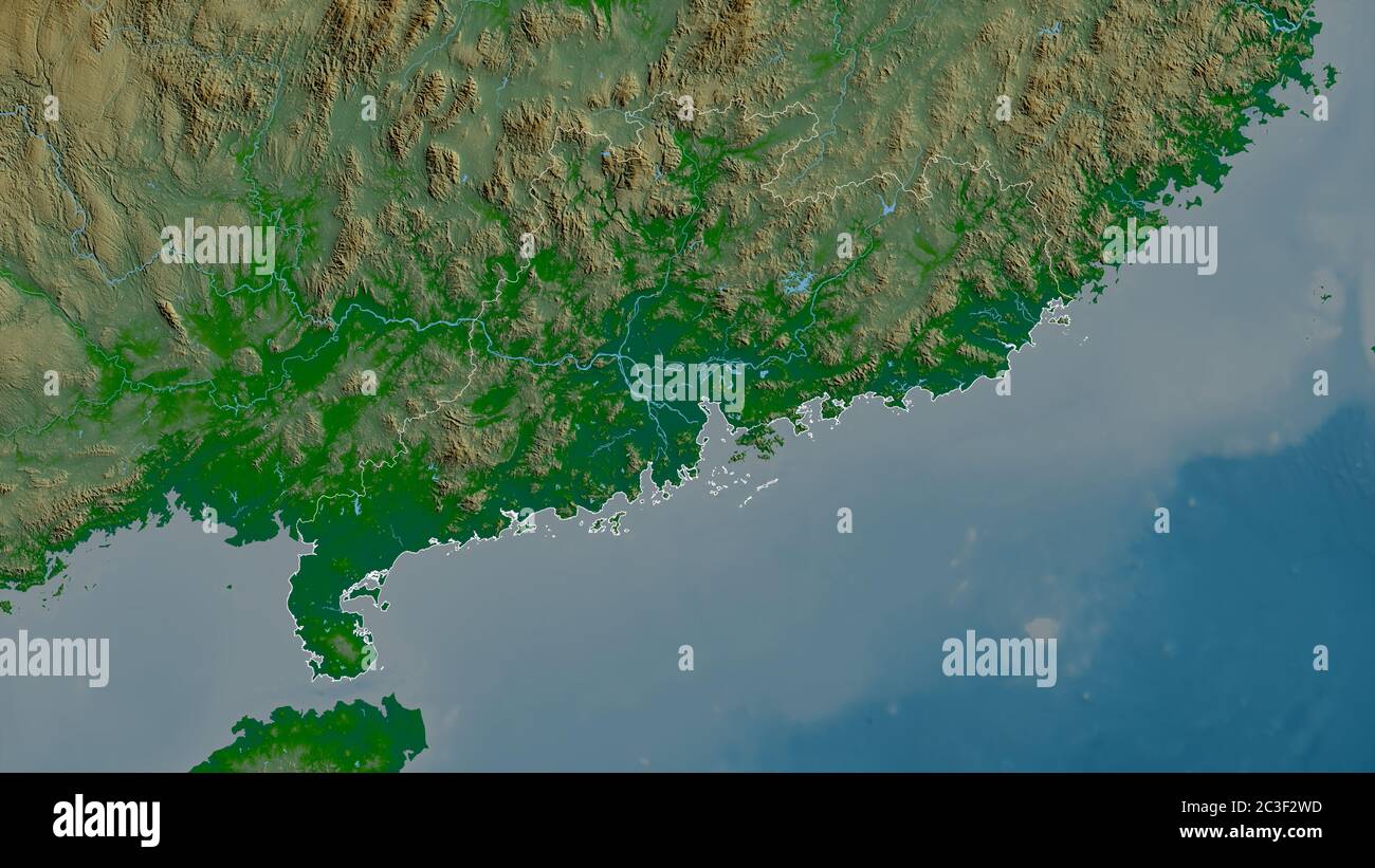 Guangdong, province of China. Colored shader data with lakes and rivers ...