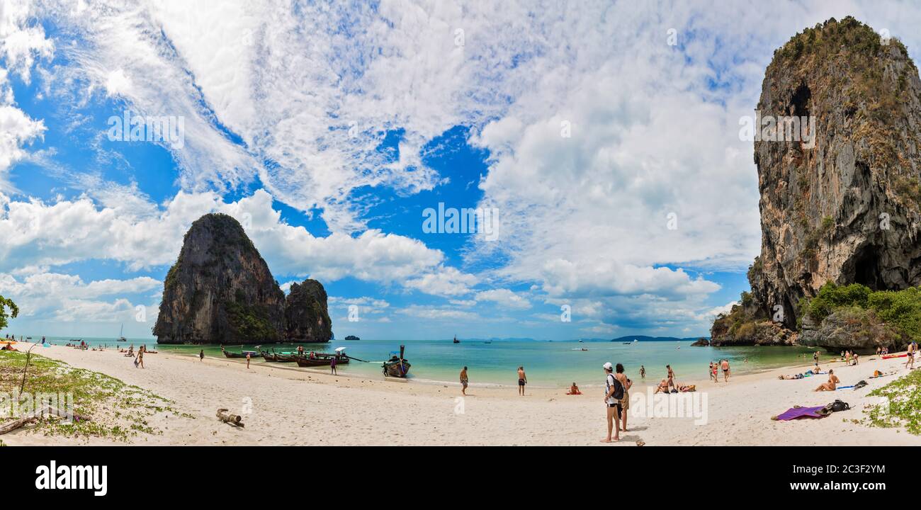 Krabi, Phranang Beach, Thailand - February 12, 2019: Full panorama of ...