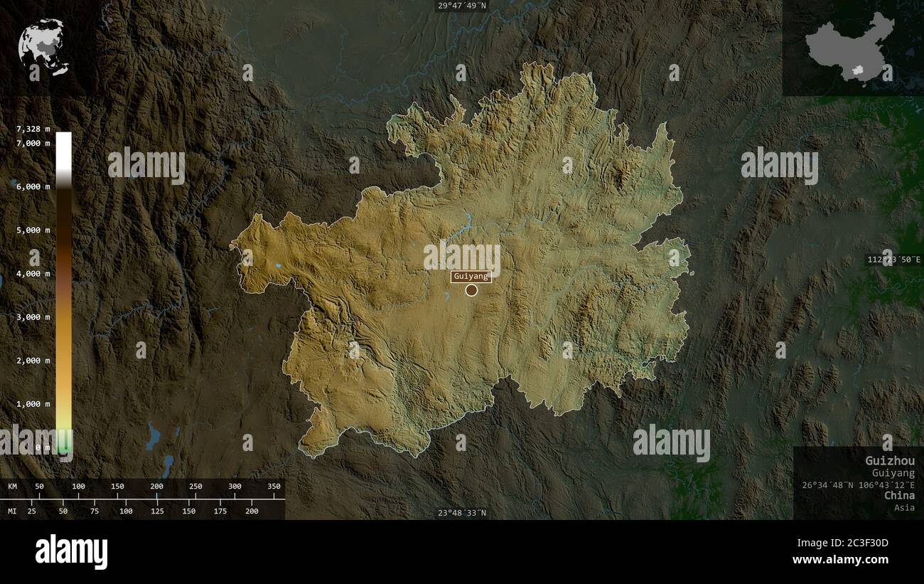Guizhou, province of China. Colored shader data with lakes and rivers ...