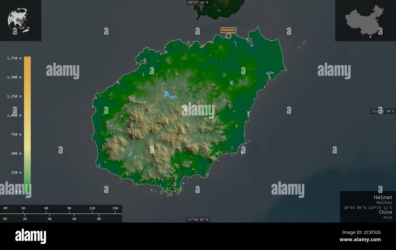 Hainan, province of China. Colored shader data with lakes and rivers ...