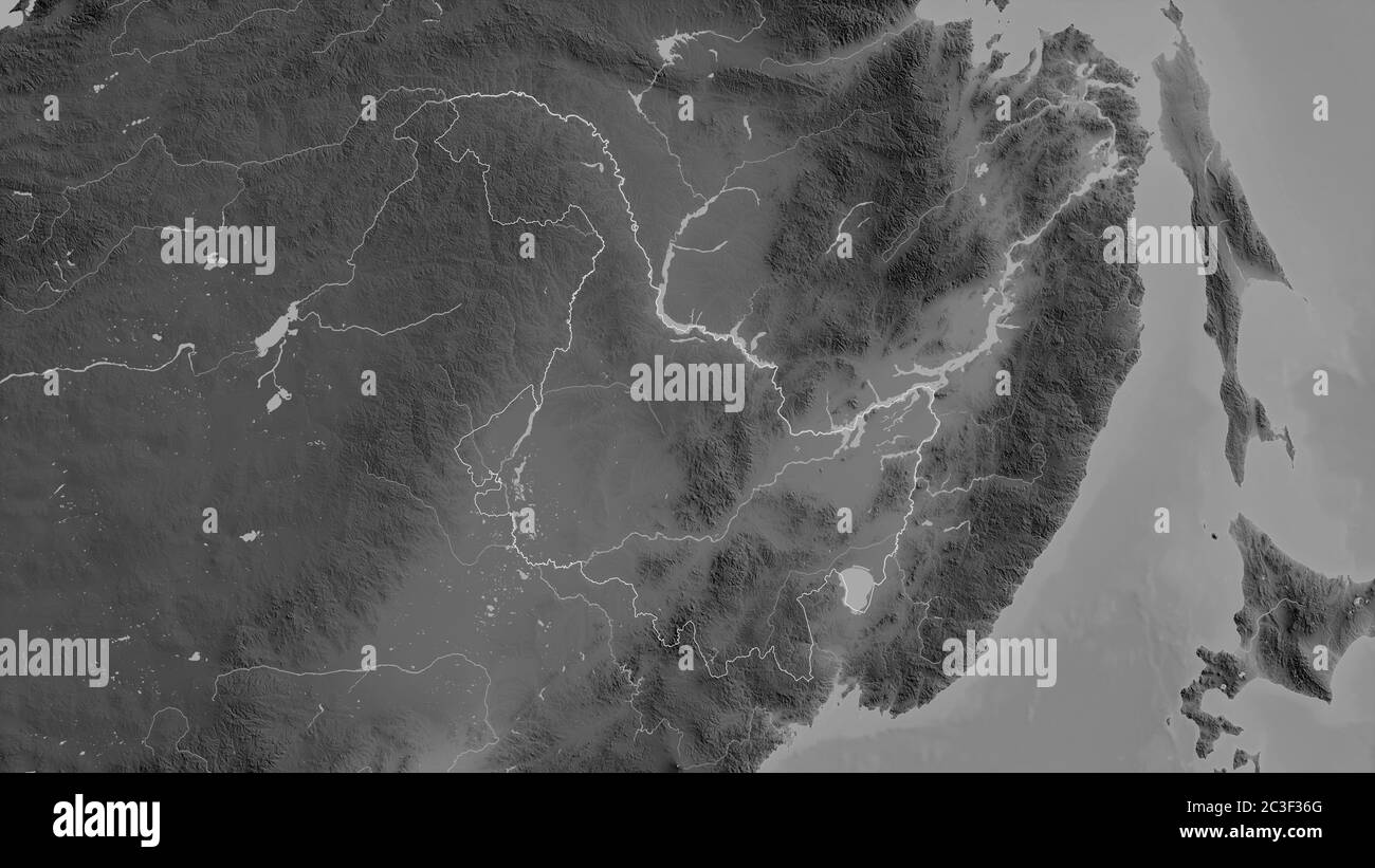 Heilongjiang, province of China. Grayscaled map with lakes and rivers ...