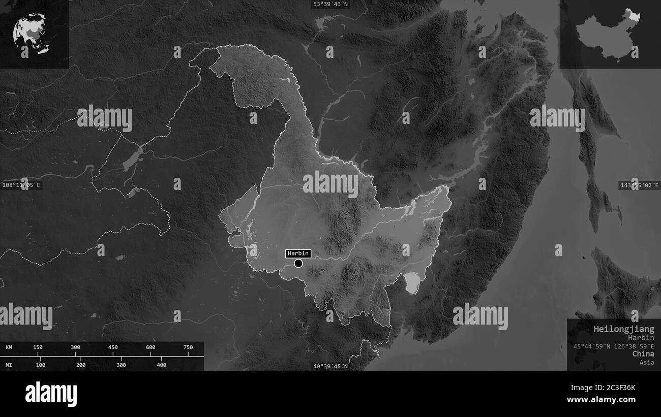 Heilongjiang, province of China. Grayscaled map with lakes and rivers ...