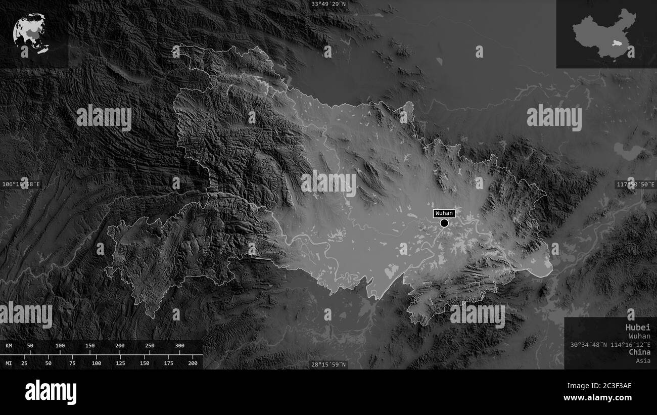 Hubei, province of China. Grayscaled map with lakes and rivers. Shape ...