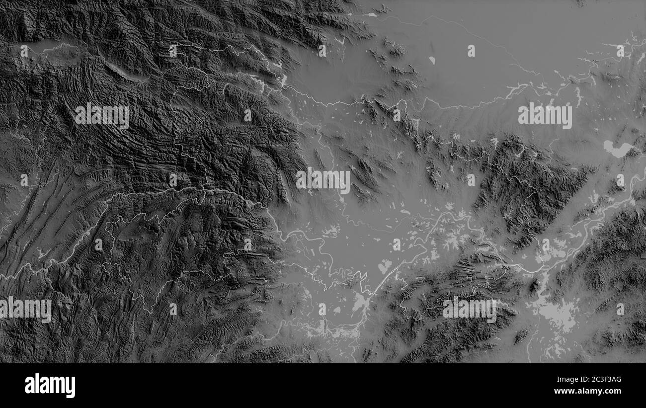Hubei, province of China. Grayscaled map with lakes and rivers. Shape ...