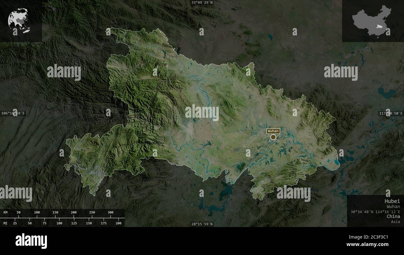 Hubei, province of China. Satellite imagery. Shape presented against ...