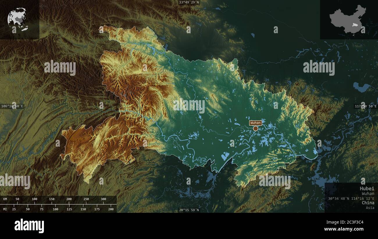 Hubei, province of China. Colored relief with lakes and rivers. Shape ...