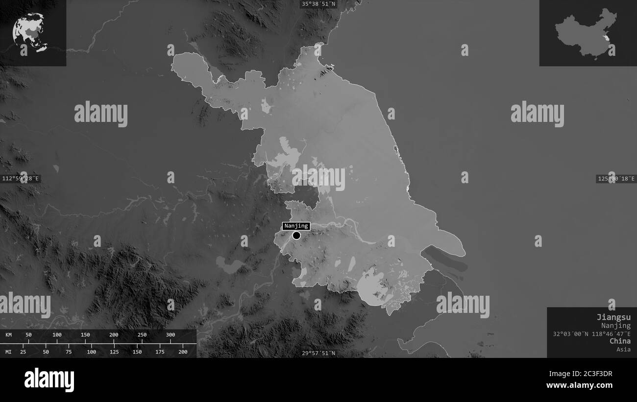 Jiangsu, province of China. Grayscaled map with lakes and rivers. Shape ...