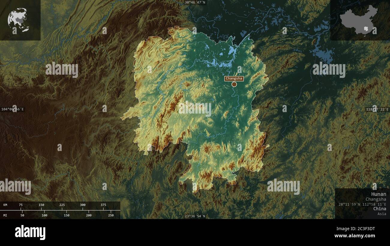Hunan, province of China. Colored relief with lakes and rivers. Shape ...