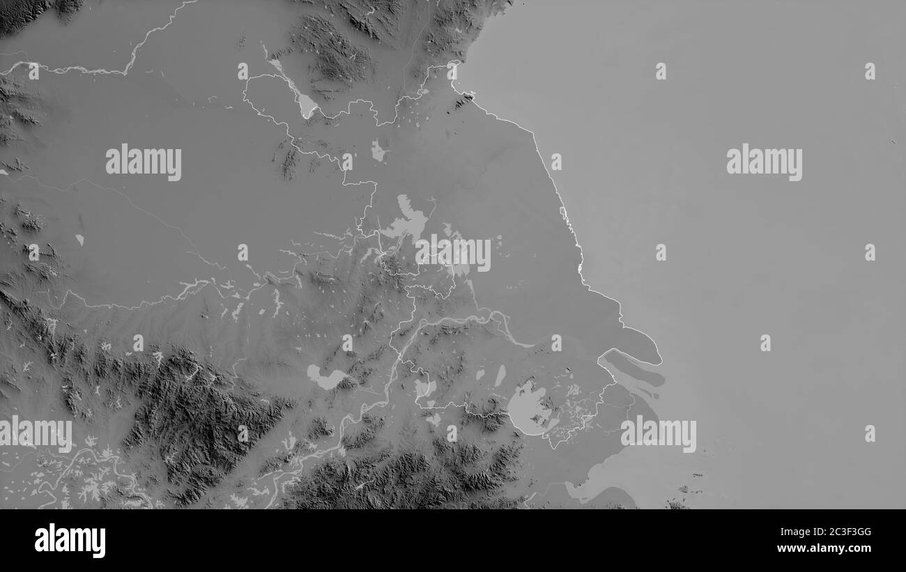 Jiangsu, province of China. Grayscaled map with lakes and rivers. Shape ...